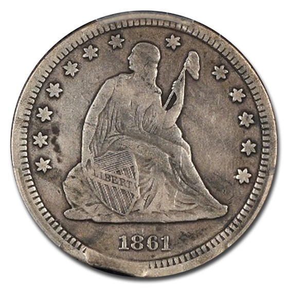 1861 Liberty Seated Quarter Fine-15 PCGS (1% Curved Clip)