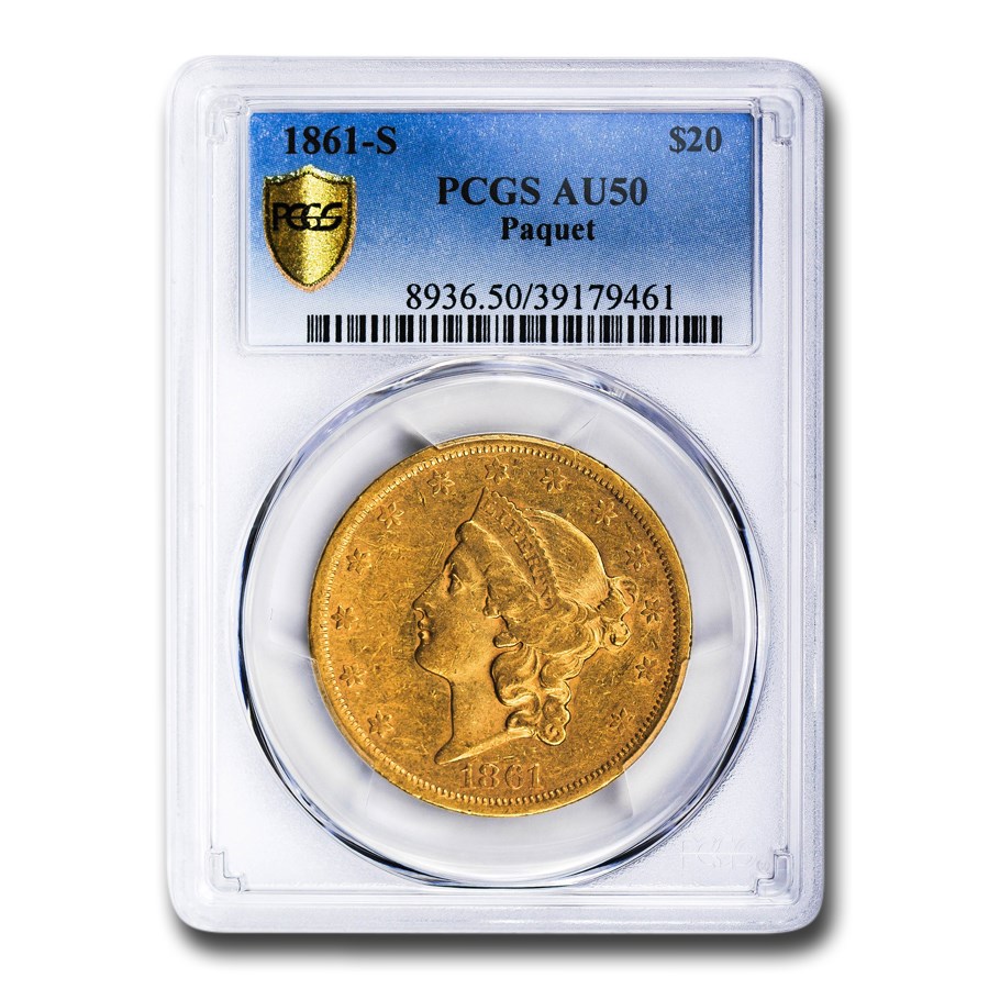 Buy 1861-S $20 Liberty Gold Double Eagle AU-50 PCGS (Paquet Rev) | APMEX