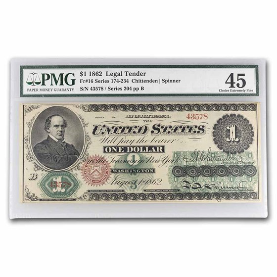 Buy 1862 $1.00 Legal Tender Salmon P. Chase XF-45 PMG (Fr#16) | APMEX
