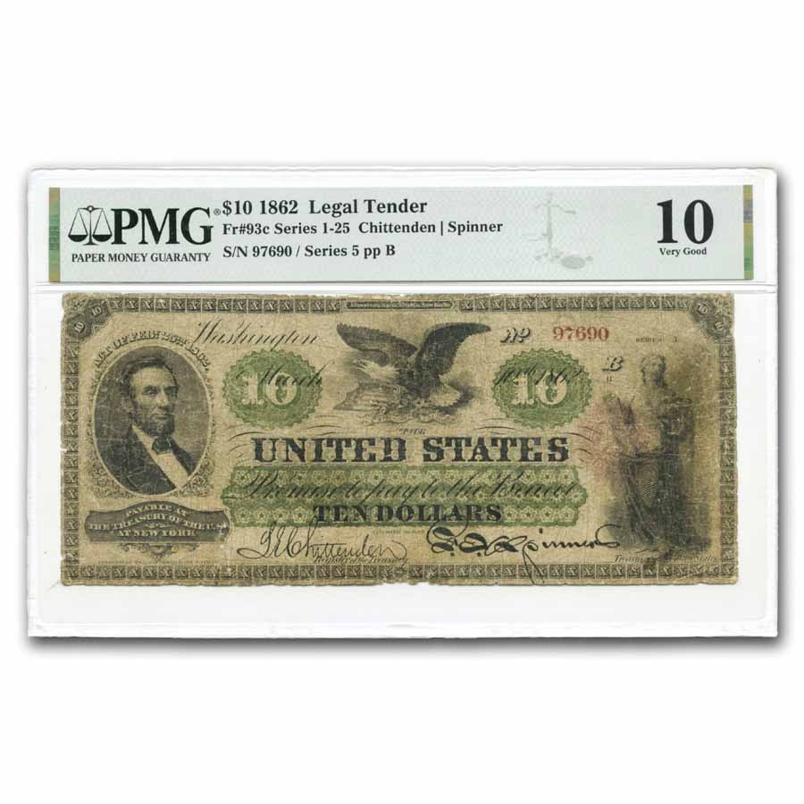 1862 $10.00 Legal Tender Abraham Lincoln VG-10 PMG (Fr#93C)