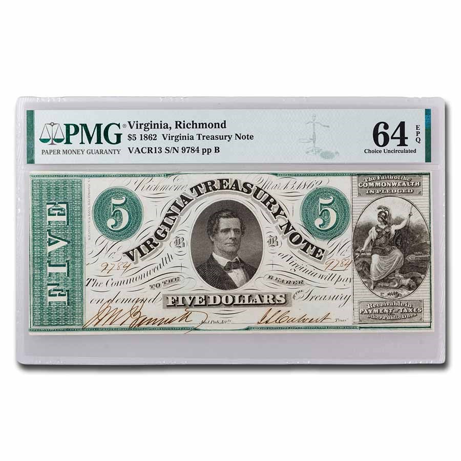 Buy 1862 $5.00 Richmond Virginia Treasury Note CU-64 EPQ PMG | APMEX