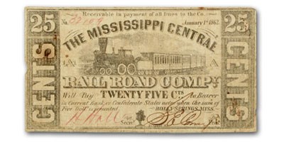 Buy 1862 Mississippi Central Rail Road Co Holly Springs 25c -VF | APMEX