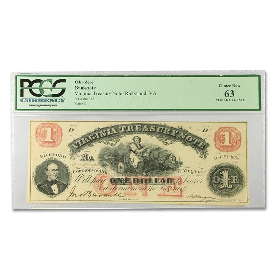 Buy 1862 Virginia Treasury Note $1.00 Ch New-63 PCGS (CR #-18) | APMEX
