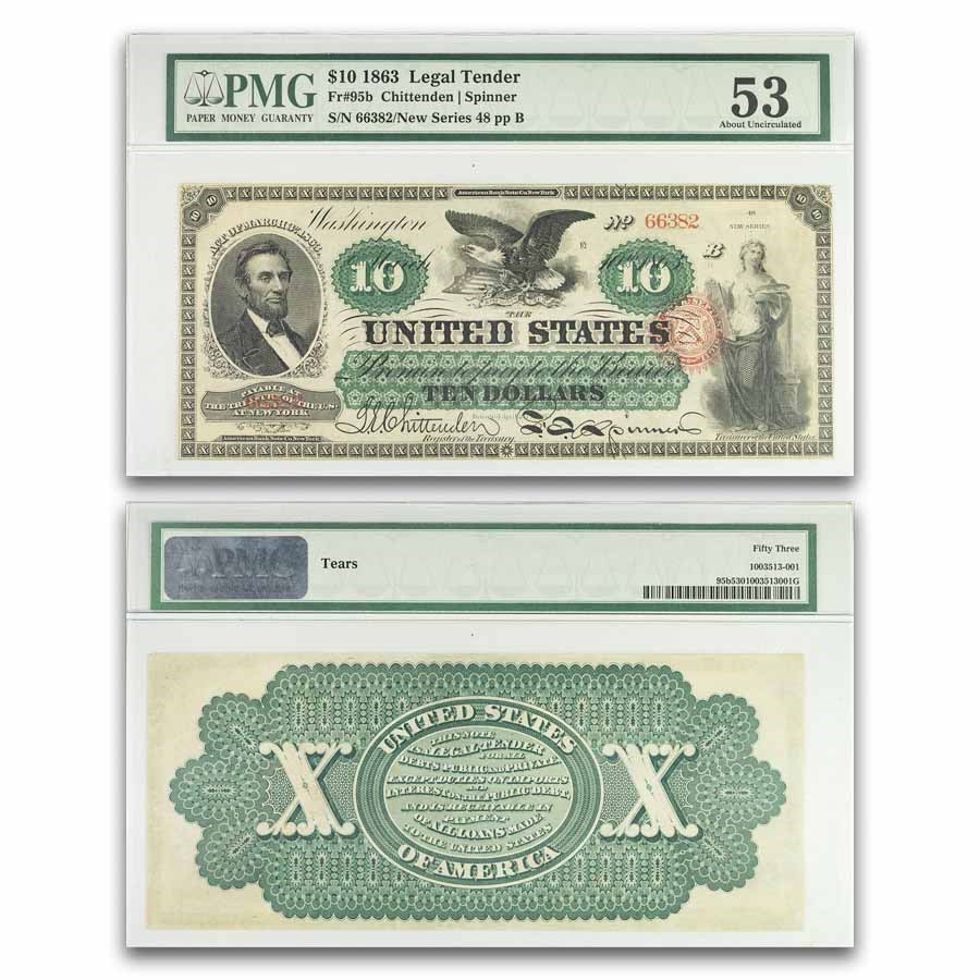 Buy 1863 $10 Legal Tender Lincoln AU-53 PMG NET | APMEX