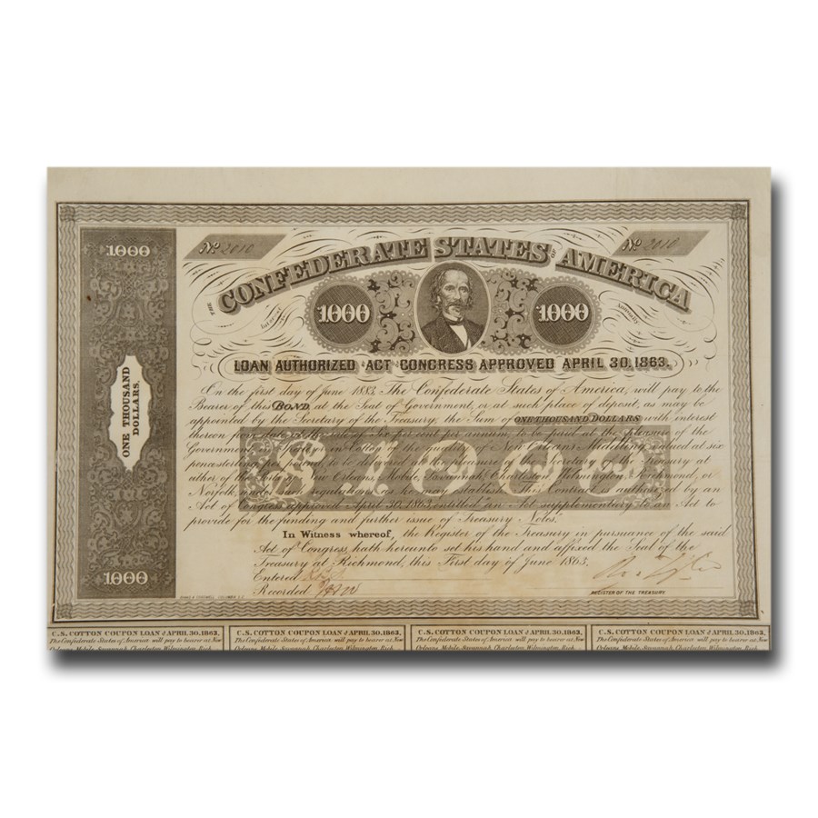 Buy 1863 $1000 CSA Bond 6%/20 yr Seddon/Tyler (CR-138) XF | APMEX