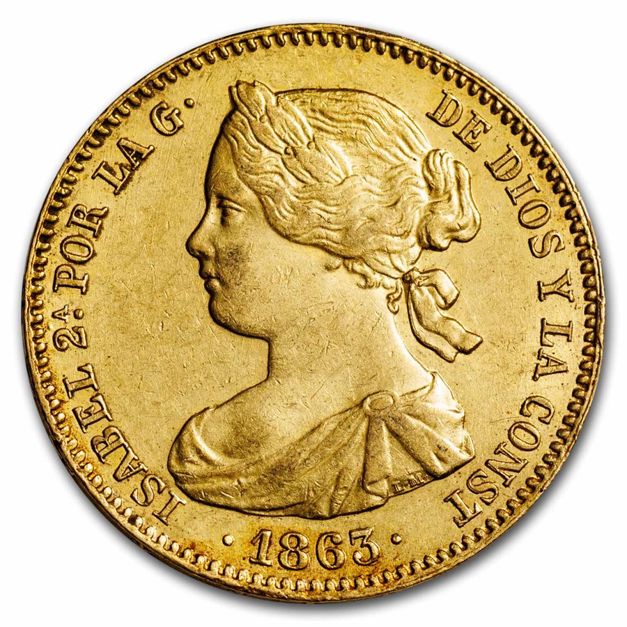 Buy 1863-1864 Spain Gold 100 Reales Isabel II AU | APMEX