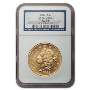 Buy 1863 $20 Liberty Gold Double Eagle AU-58 NGC (SS Republic) | APMEX