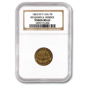 Buy 1863 Civil War Token Benjamin & Herrick NY-10A-7b MS-62 NGC | APMEX