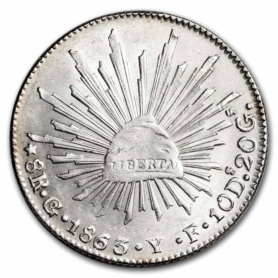 1863-Go YF Mexico Silver 8 Reales Cap & Rays BU