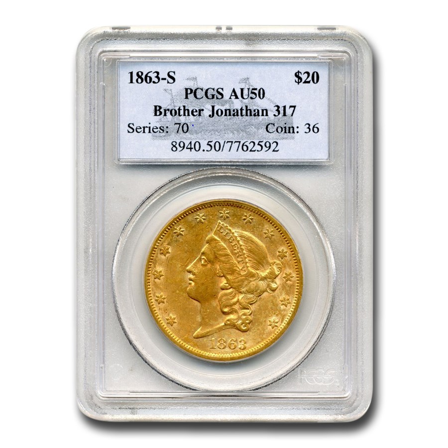 Buy 1863-S $20 Liberty Gold Double Eagle AU-50 PCGS (Br. Jonathan) | APMEX