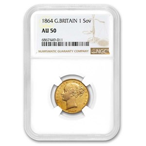 1864 Great Britain Gold Sovereign Victoria Shield AU-50 NGC D#57