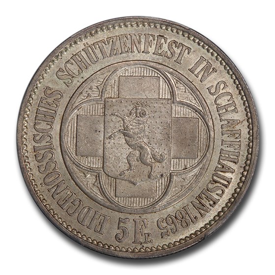 Buy 1865 Switzerland Silver Shooting Thaler 5 Francs MS-64 PCGS | APMEX