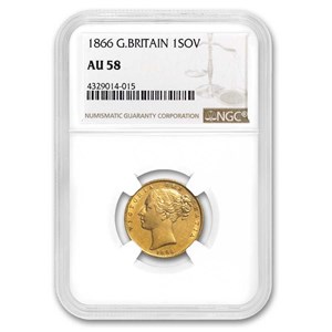 1866 Great Britain Gold Sovereign Victoria Shield AU-58 NGC