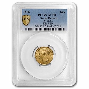 Buy 1866 Great Britain Gold Sovereign Victoria Shield AU-58 PCGS D29 | APMEX