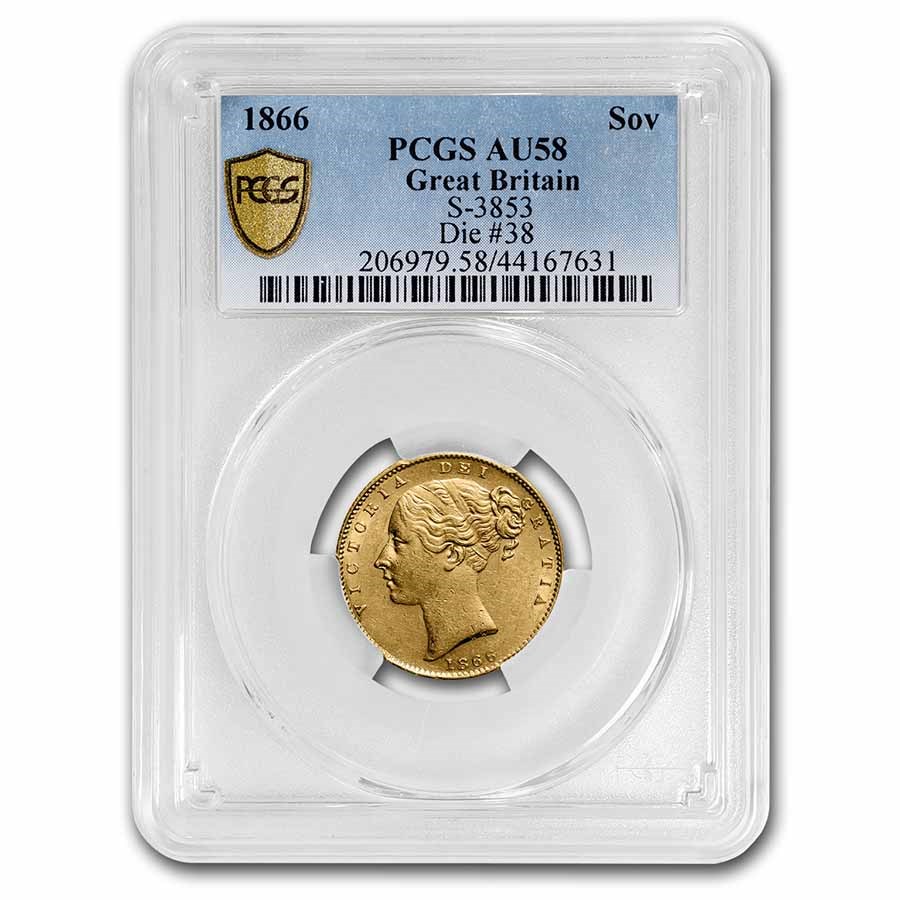 Buy 1866 Great Britain Gold Sovereign Victoria Shield AU-58 PCGS D38 | APMEX