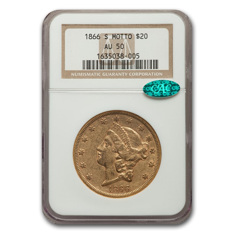 Buy 1866-S $20 Liberty Gold Double Eagle w/Motto AU-50 NGC CAC | APMEX