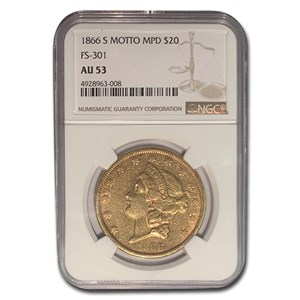 Buy 1866-S $20 Liberty Gold Double Eagle w/Motto AU-53 NGC (MPD) | APMEX