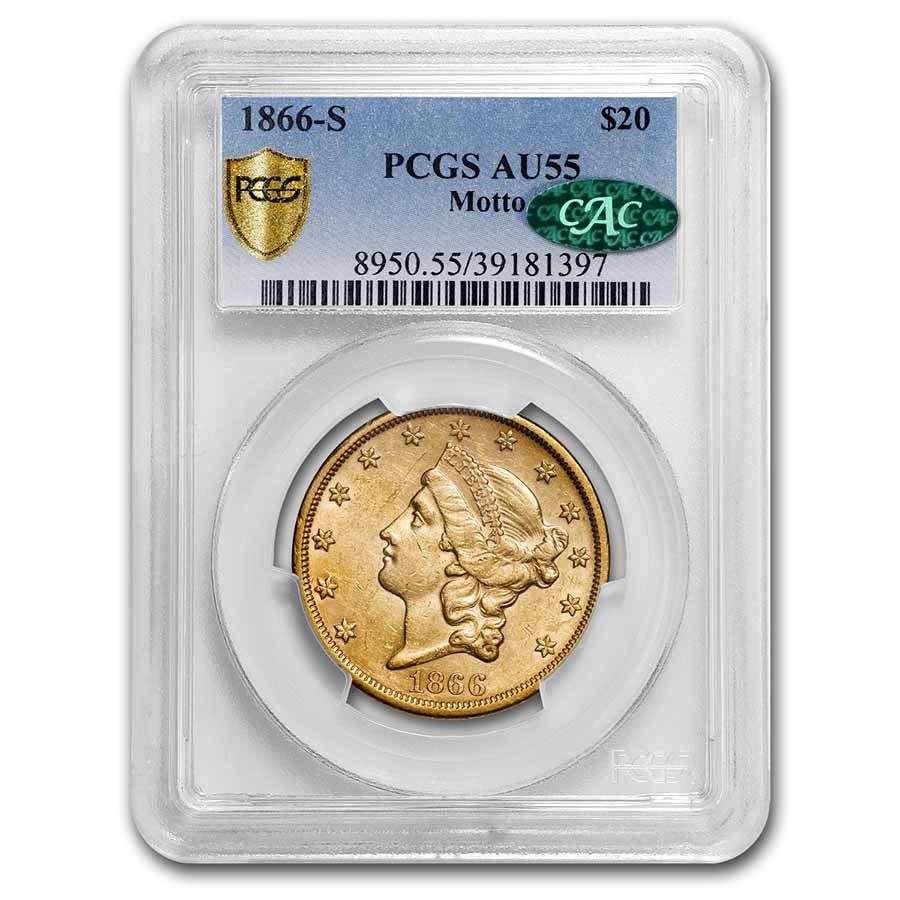 Buy 1866-S $20 Liberty Gold Double Eagle w/Motto AU-55 PCGS CAC | APMEX