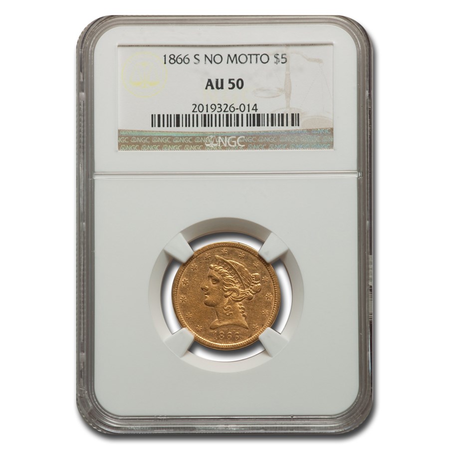 Buy 1866-S $5 Liberty Gold Half Eagle AU-50 NGC (No Motto) | APMEX