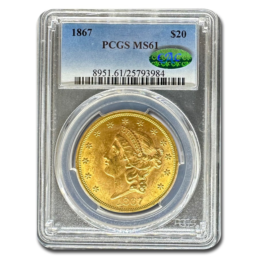 1867 $20 Liberty Gold Double Eagle MS-61 PCGS CAC