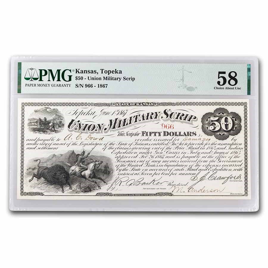 Buy 1867 $50 Union Military Scrip Topeka, Kansas CH AU-58 PMG | APMEX