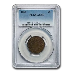 1867 Two Cent Piece AU-55 PCGS (Brown)