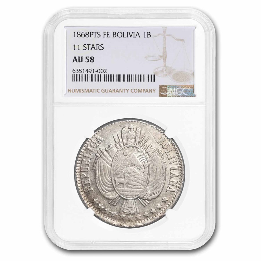 1868-PTS FE Bolivia Silver 1 Boliviano AU-58 NGC