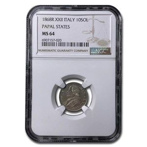 1868-R Italy Papal States Silver 10 Soldi MS-64 NGC