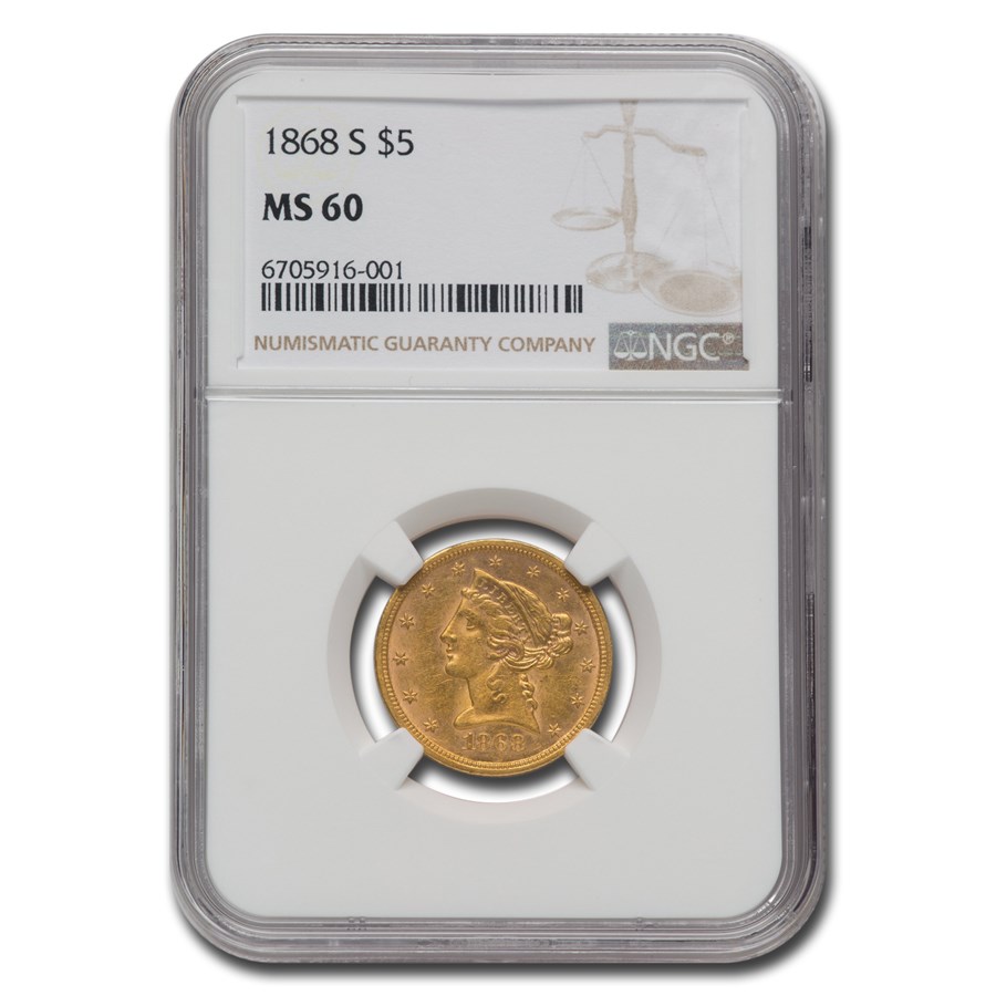 1868-S $5 Liberty Gold Half Eagle MS-60 NGC
