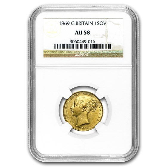 Buy 1869 Great Britain Gold Sovereign Victoria Shield AU-58 NGC | APMEX