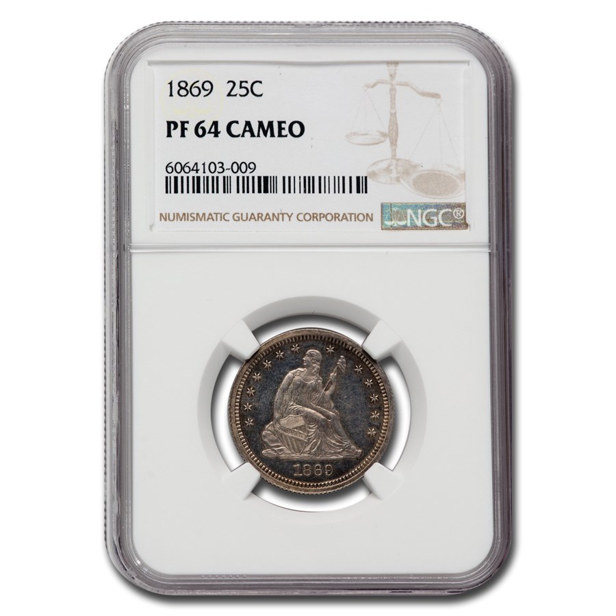 Buy 1869 Liberty Seated Quarter PF-64 Cameo NGC | APMEX