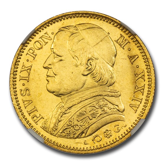 Buy 1869-R Italy Papal States Gold 20 Lire Pius IX MS-66 NGC | APMEX