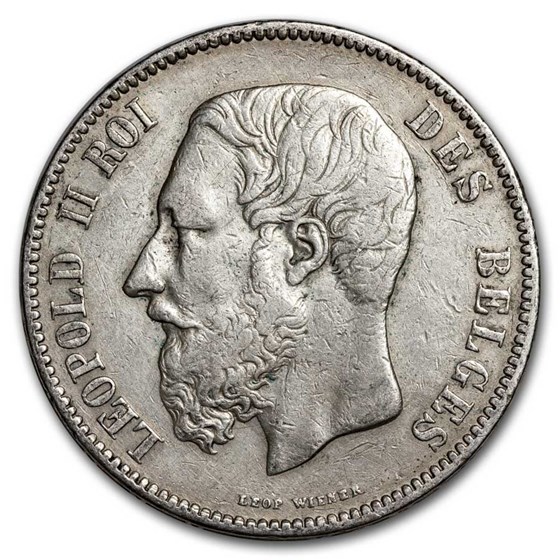 1870 Belgium Silver 5 Francs Leopold II XF