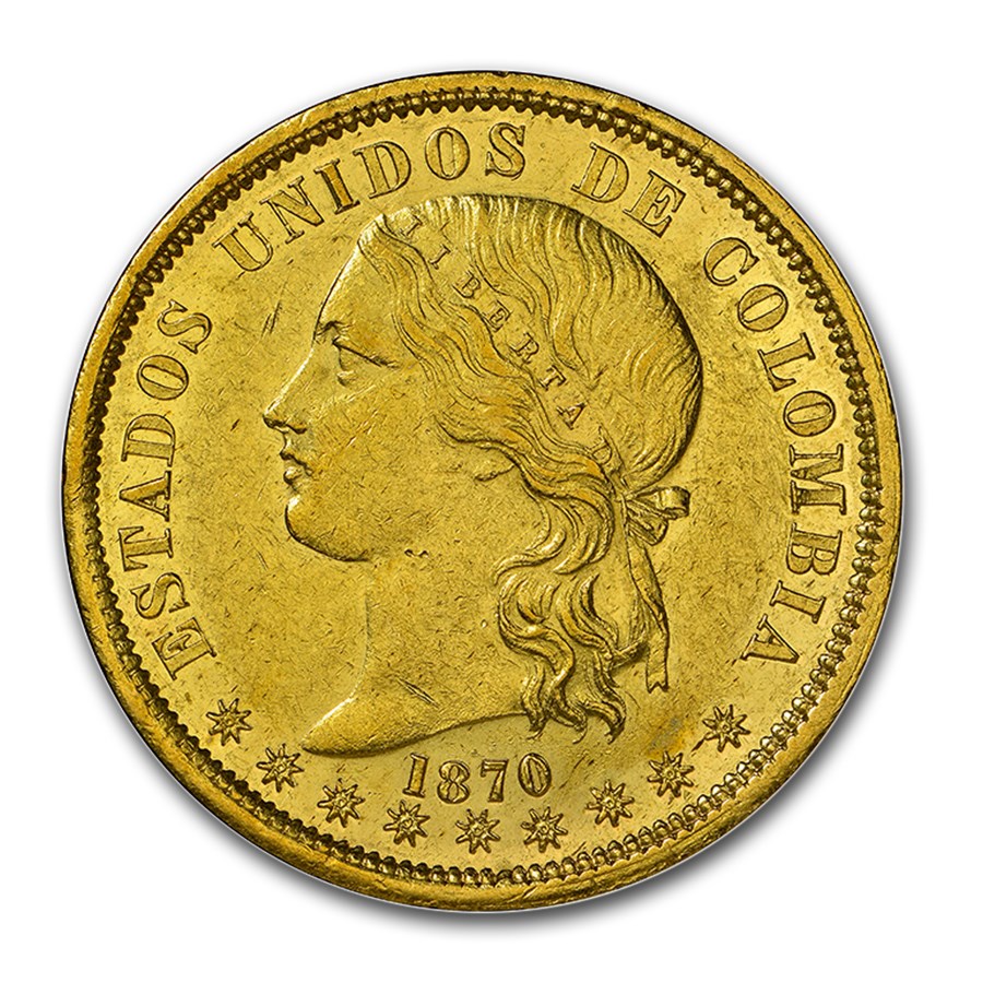 Buy 1870 Colombia Gold 20 Pesos AU-58 NGC | APMEX