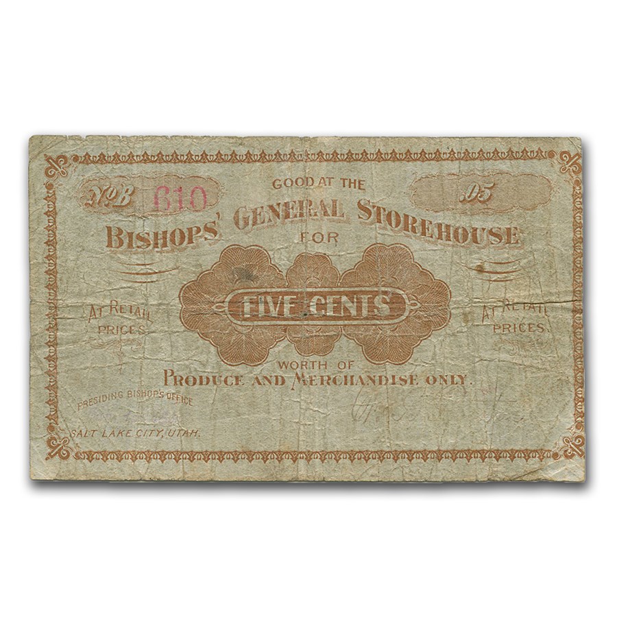 Buy 1870s Bishop's General Store Salt Lake City 5 Cents Scrip Fine | APMEX