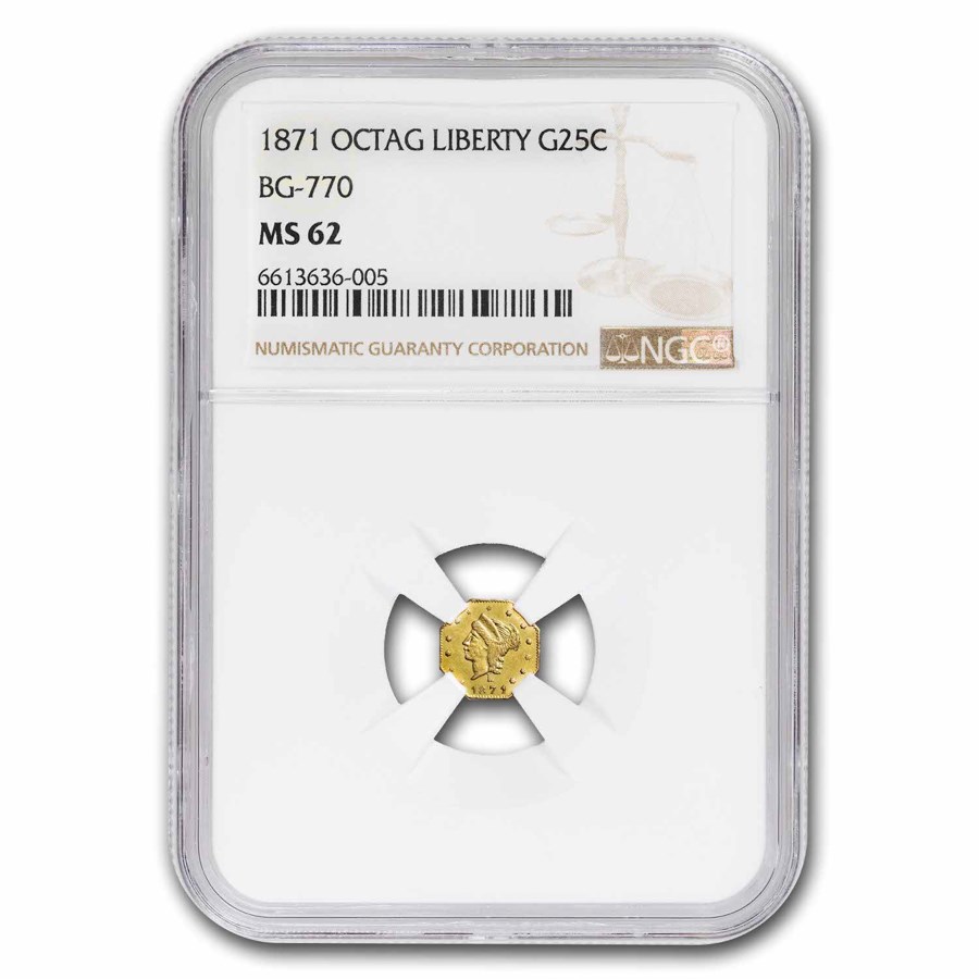 1871 Liberty Octagonal 25 Cent Gold MS-62 NGC (BG-770)