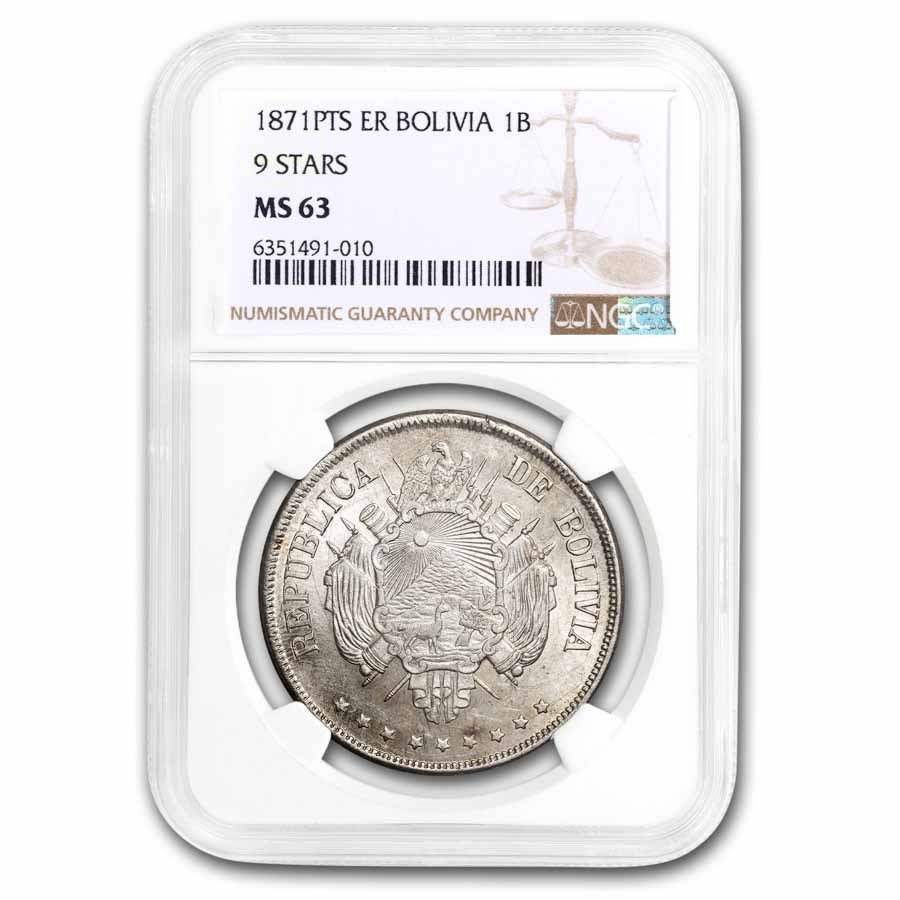 1871-PTS ER Bolivia Silver 1 Boliviano MS-63 NGC