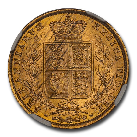 Buy 1872 Great Britain Gold Sovereign Victoria Shield MS-63+ NGC | APMEX
