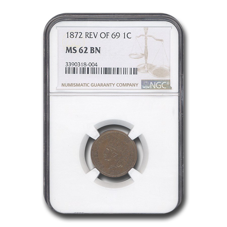 1872 Indian Head Cent MS-62 NGC (Brown, Rev of 69)