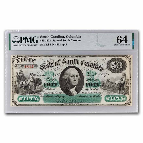 Buy 1872 The State of South Carolina $50 Revenue Bond Scrip CU-64 PMG ...