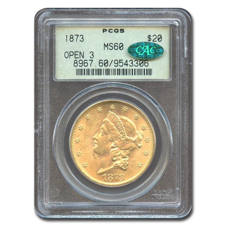 Buy 1873 $20 Liberty Gold Double Eagle Open 3 MS-60 PCGS CAC | APMEX