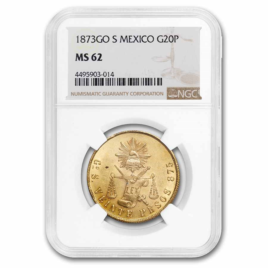 Buy 1873 Go S Mexico Gold 20 Pesos MS-62 NGC | APMEX