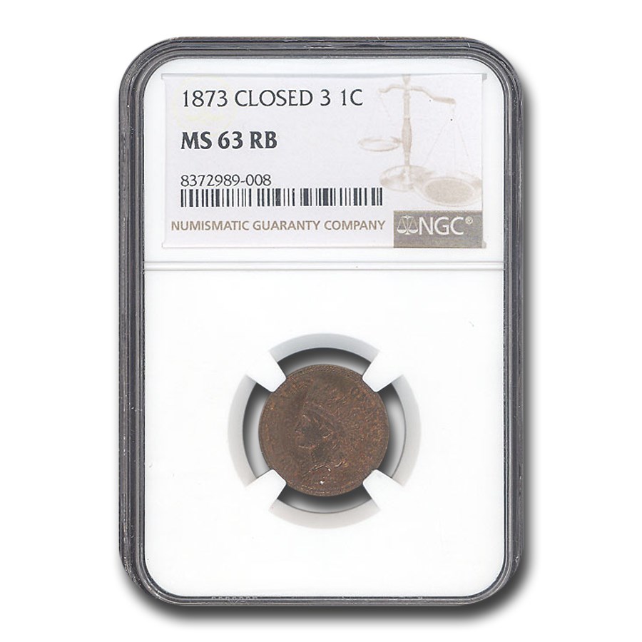 1873 Indian Head Cent Closed 3 MS-63 NGC (Red/Brown)