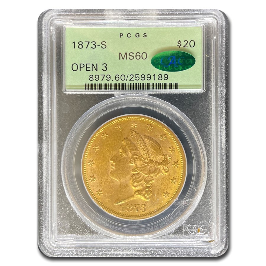 Buy 1873-S $20 Liberty Gold Double Eagle MS-60 PCGS CAC (Open 3, OGH) | APMEX