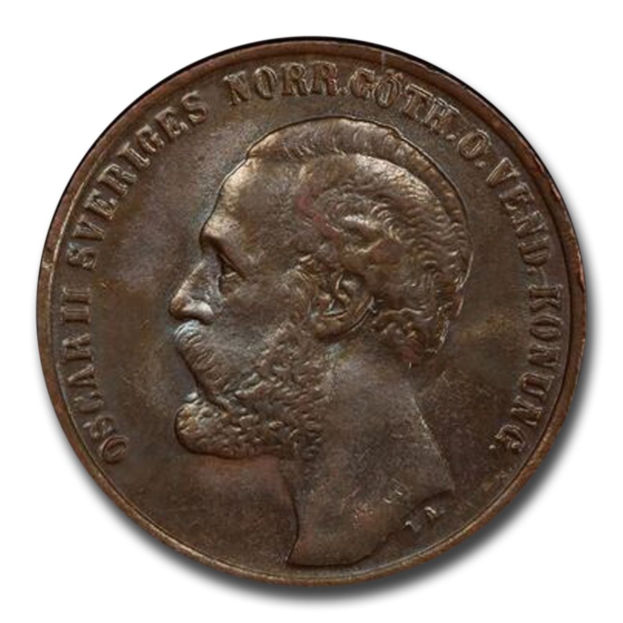 1873 Sweden 2 Ore Oscar II AU-58 PCGS (Brown)