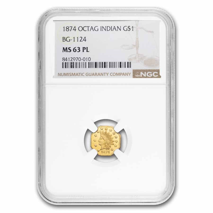 1874 Indian Octagonal One Dollar Gold MS-63 PL NGC (BG-1124)