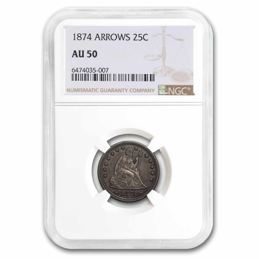 1874 Liberty Seated Quarter AU-50 NGC (Arrows)