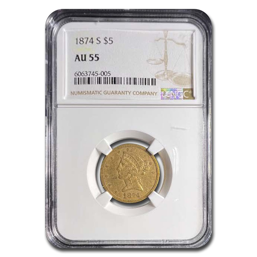 Buy 1874-S $5 Liberty Gold Half Eagle AU-55 NGC | APMEX
