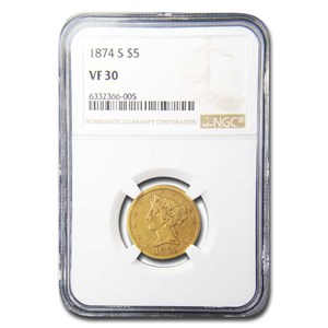 Buy 1874-S $5 Liberty Gold Half Eagle VF-30 NGC | APMEX