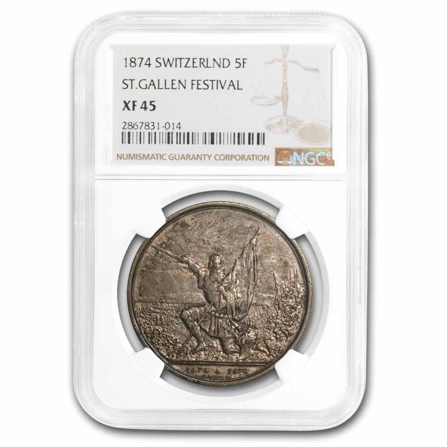 1874 Switzerland Silver Shooting Thaler 5 Francs XF-45 NGC